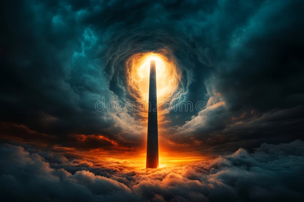 Tower of Light Emerging from Vortex in Dramatic Sky at Dusk Stock Illustration - Illustration of ...