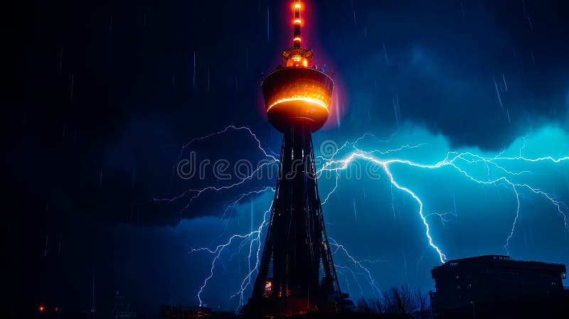 Tower with Lot of Lightning in the Sky Above it and Building with Clock ...