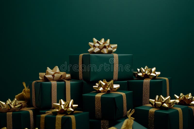 A Tower of Luxury Green and Gold Wrapped Presents Stock Photo - Image ...