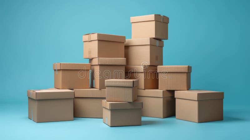 Tower Made of Cardboard Boxes. Solid Blue Green Background. Delivery ...