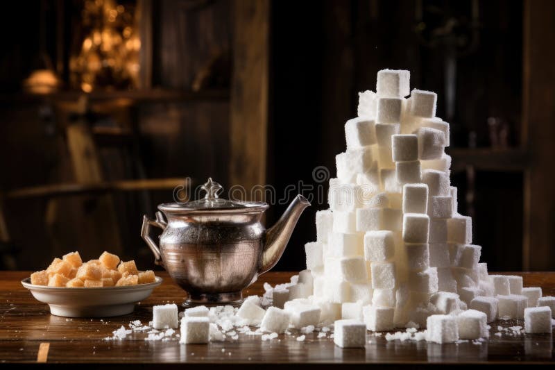 A Tower Made of Sugar Cubes on a Rustic Table with Tea Pot in the ...