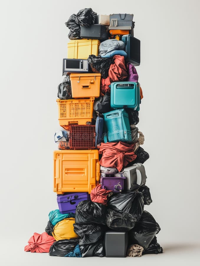 Tower of Mixed Recycling and Waste Overflowing with Bags and Containers ...