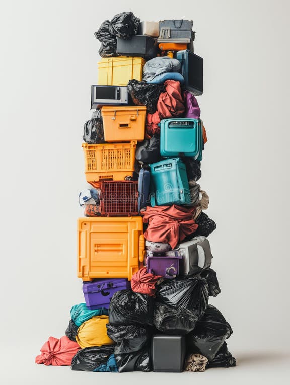 Tower of Mixed Recycling and Waste Overflowing with Bags and Containers ...