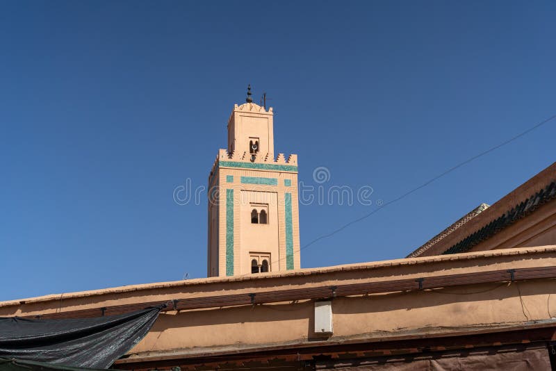 Tower of a Mosque in Marrakech on a Blue Sky on the Background Stock ...