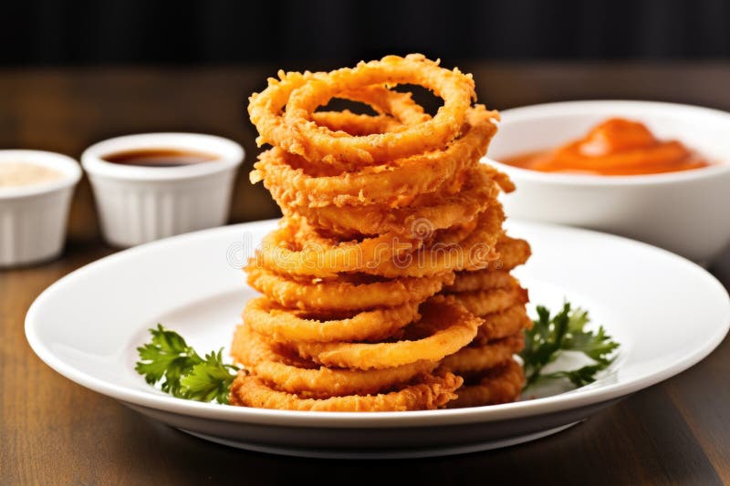 A Tower of Onion Rings on a Plain White Plate Stock Photo - Image of ...