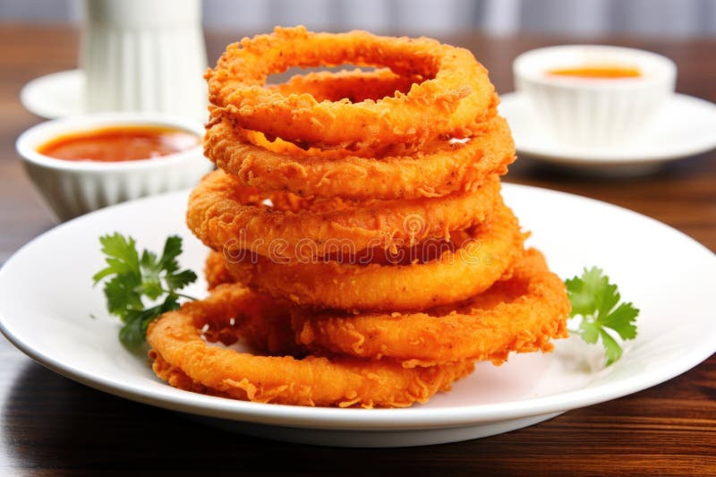 A Tower of Onion Rings on a Plain White Plate Stock Image - Image of ...