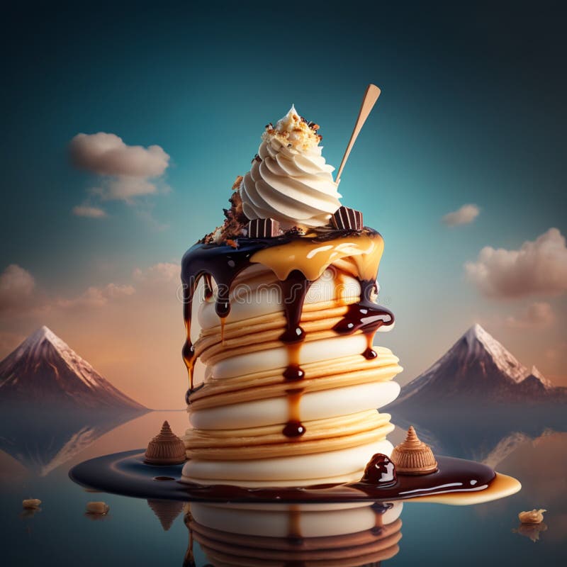 A Tower of Pancakes Covered in Syrup and Ice Cream. Stock Photo - Image ...