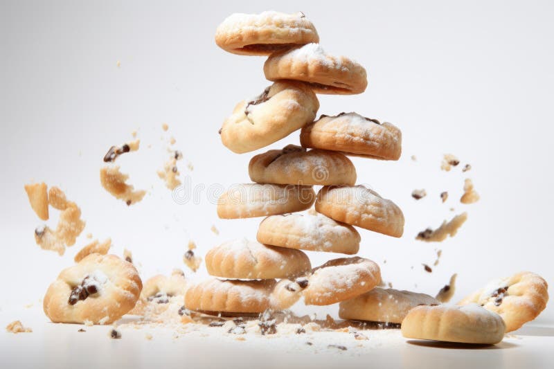Tower of Powdered Cookies Falling with Chocolate Chips in Mid-air ...