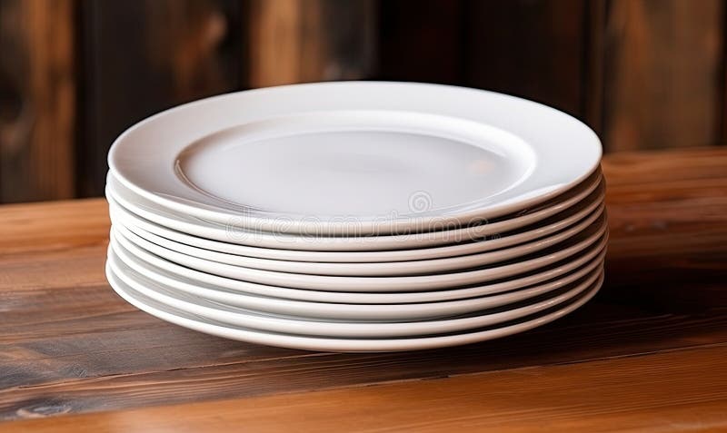 A Tower of Pristine White Plates on a Rustic Wooden Table Stock Image ...