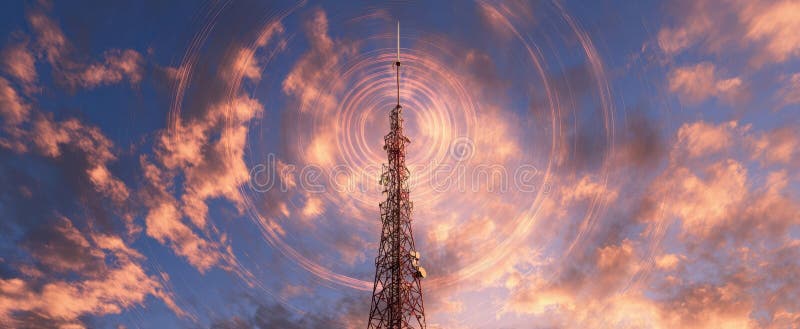 The Tower Radiates Signals Amid a Vibrant Sunset Sky and Swirling ...