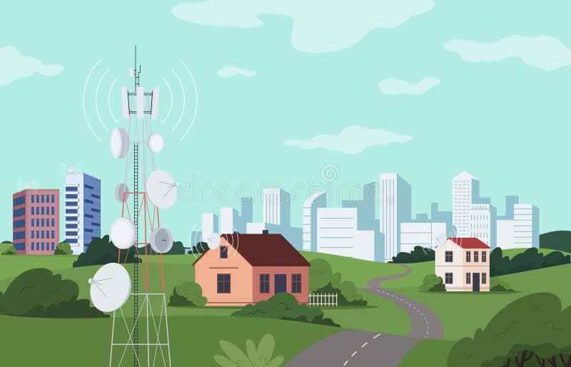 Tower with Radio and Satellite Communication. Landscape with Buildings ...