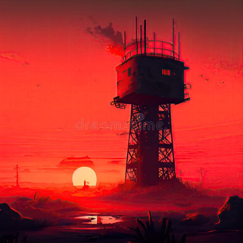 Tower among Red Sun Setting in West Postapocalyptic City Stock ...