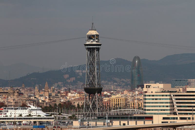 Tower of Ropeway and City. Barcelona, Spain Stock Image - Image of ...