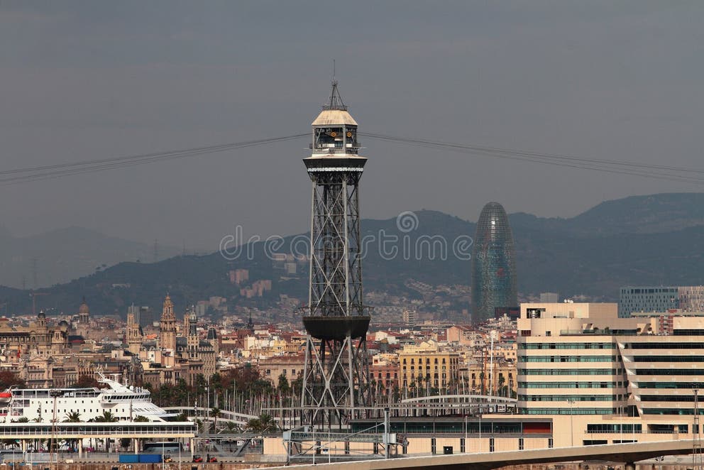Tower of Ropeway and City. Barcelona, Spain Stock Image - Image of ...