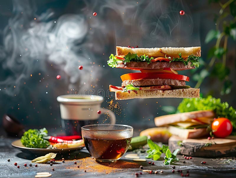 Stack of Sandwiches with Cup of Tea Stock Illustration - Illustration ...