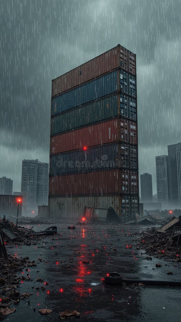 Tower of Shipping Containers in Rainy, Post-apocalyptic Urban Landscape ...