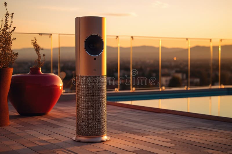 Tower Speaker on a Balcony with a Pool View at Sunset Stock Photo ...