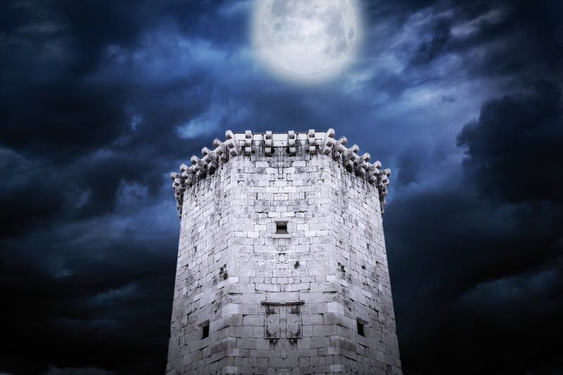 Tower of Castle at Night in the Moonlight. Stock Image - Image of ...