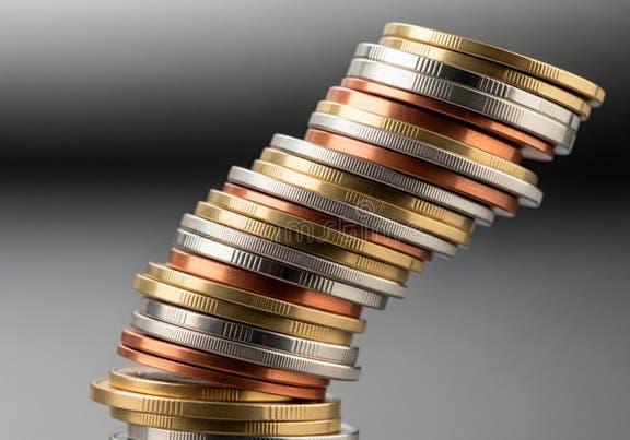 A Tower of Tilted Multi-colored Coins. Stock Photo - Image of imbalance ...