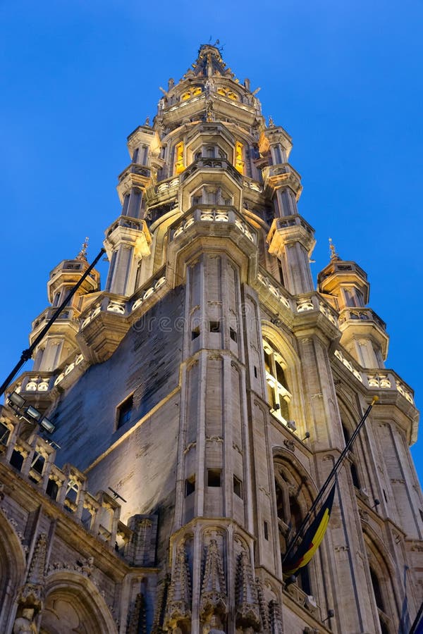 Tower of the Town Hall of Grand Place, Brussels Stock Photo - Image of ...