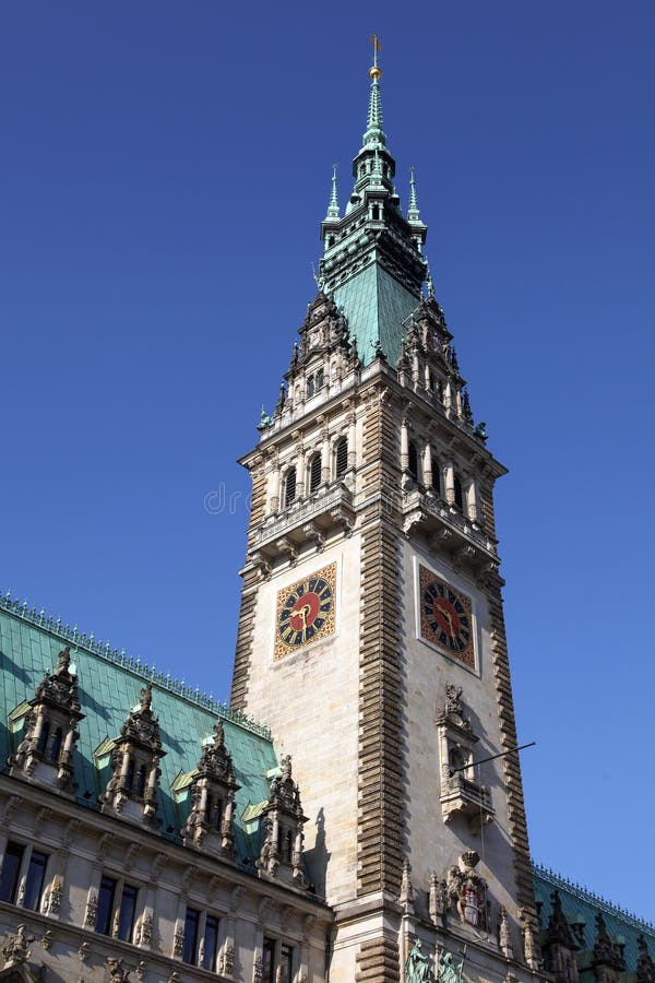 Clock Tower On Hamburg Town Hall Stock Photo - Image of clock, building ...