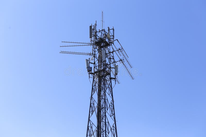 Tower with Transmission and Cell Phone Equipment and Antennas Stock ...