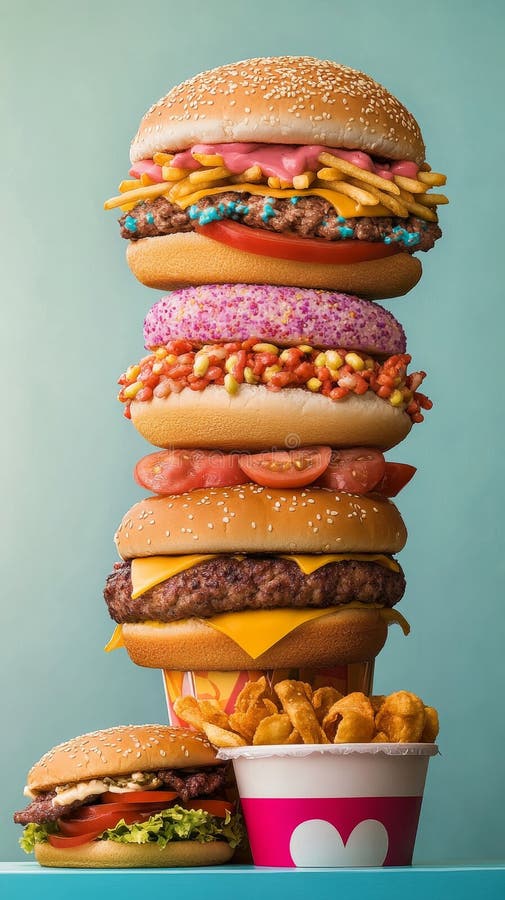 Tower of Unique and Colorful Burgers with Side Snacks Stock Image ...
