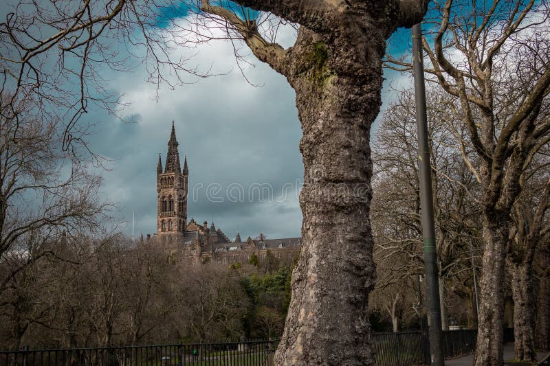Tower of University of Glasgow Seen Looking Out from the Bare Trees in ...
