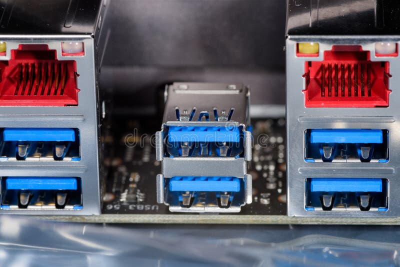 Tower with USB 3.0 and LAN Ports on a Modern Computer Mainboard Stock ...