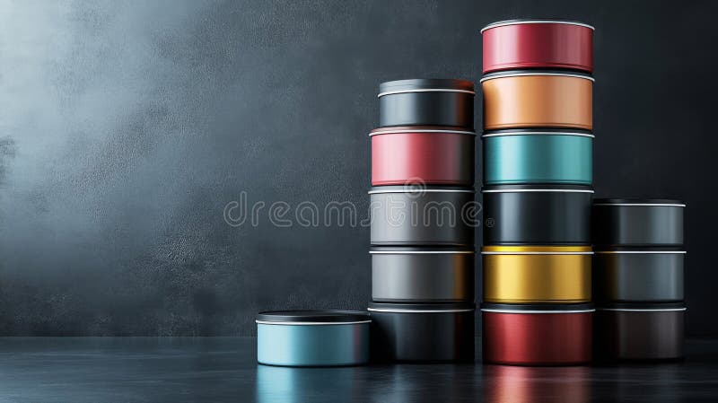 Tower of Varied Metal Kitchen Containers Stacked Against Textured ...