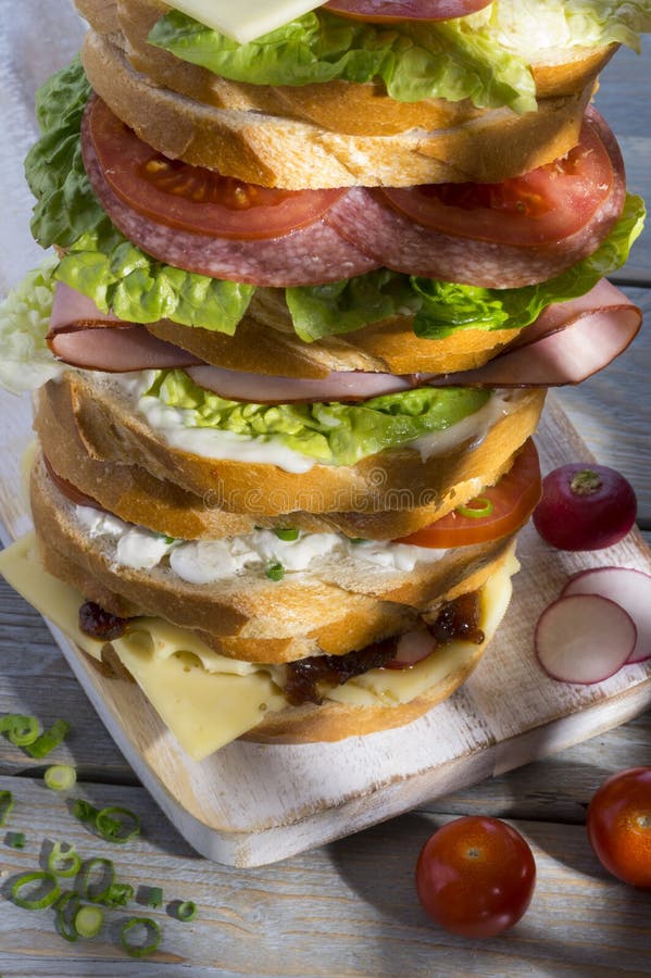 Tower of Varieties of Meat and Vegetarian Sandwiches Stock Image ...