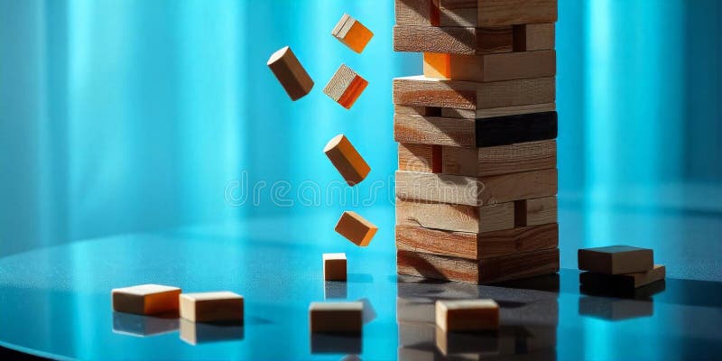 Tower of Wooden Blocks Falling in a Game Session on a Reflective ...