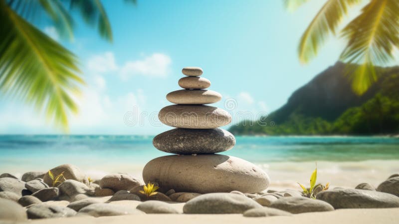 Tower of Zen Stones on Tropical Beach AI Generated Stock Image - Image ...