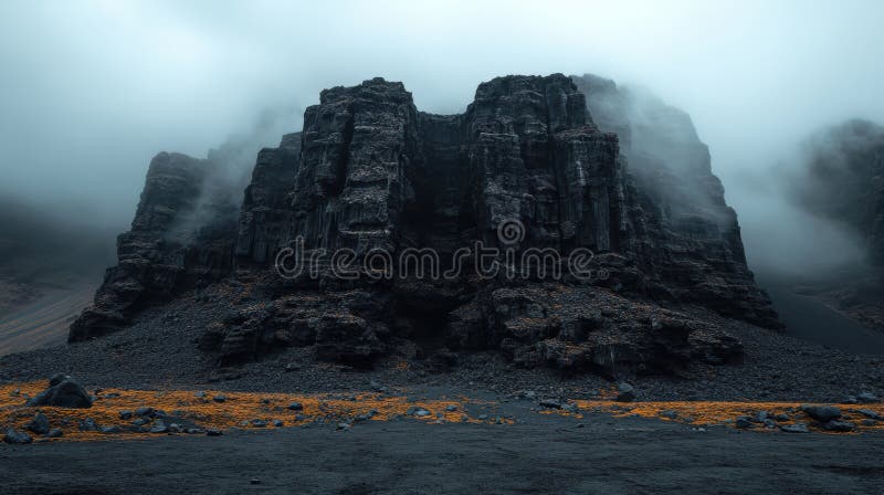 A Towering Basalt Cliff Shrouded in Mist, with Vibrant Orange Moss and ...