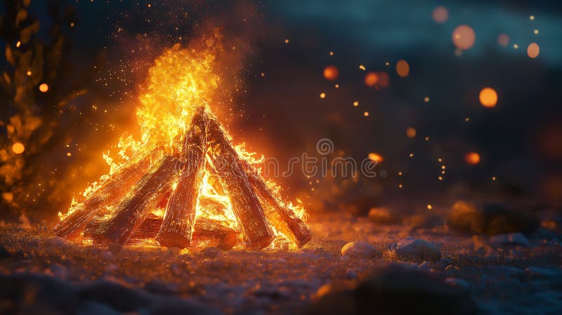 A Towering Bonfire Illuminates the Night Sky, Flames Crackling in a ...
