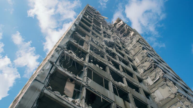 A Towering Building with Shattered Windows and Chunks of Concrete ...