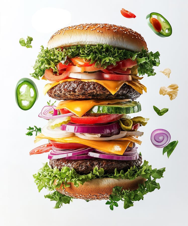 Towering Burger with Floating Ingredients Creates Dynamic Visual. Ai ...