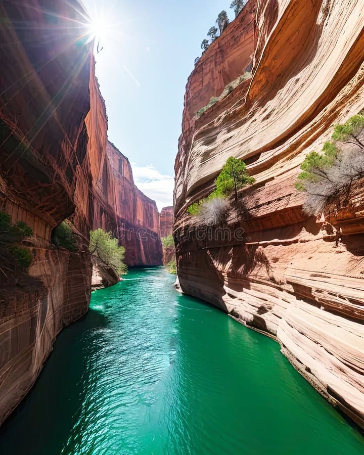 Towering Canyon and River stock illustration. Illustration of natural ...