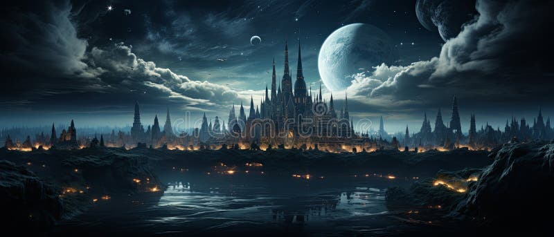 Majestic Castle in the Sky with Moon Stock Image - Image of surreal ...