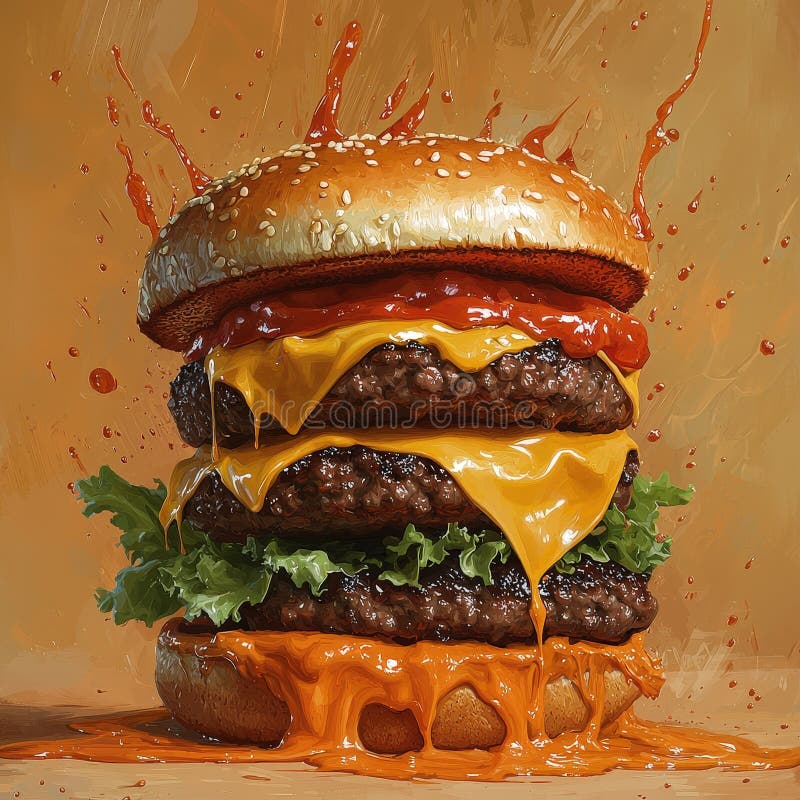 Towering Cheeseburger with Dripping Sauces and Lettuce Stock Photo ...