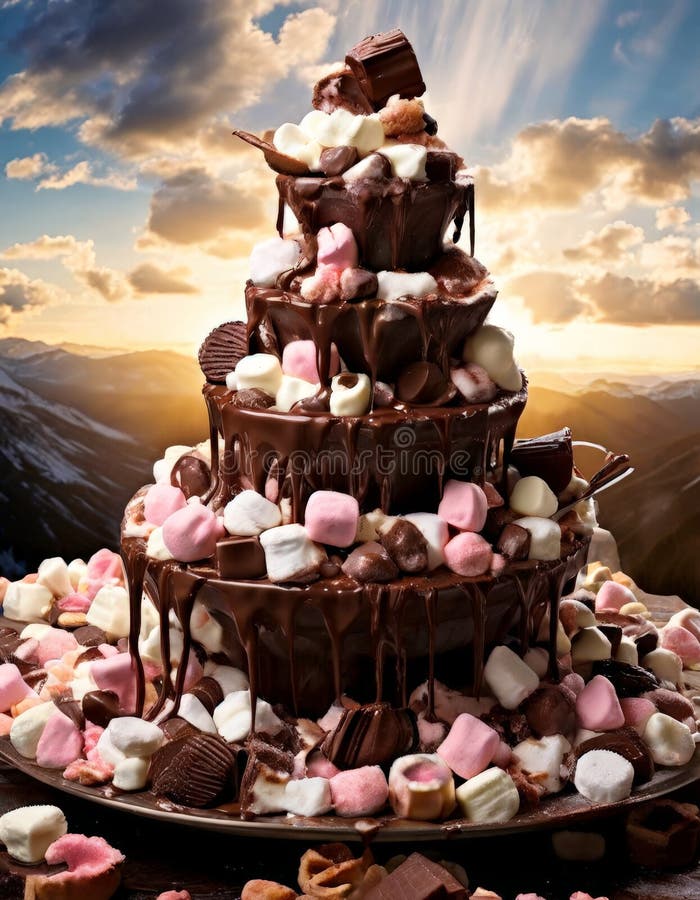 Decadent Chocolate Dessert Tower with Marshmallows and Candies Stock ...