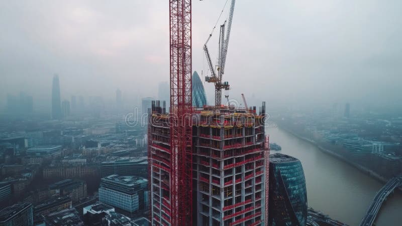 A Towering Cityscape Emerges through the Fog. Construction Cranes Hover ...