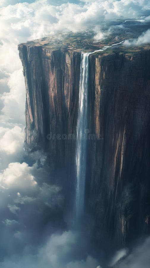 Towering Cliff with Cascading Waterfall through Mist Stock Image ...
