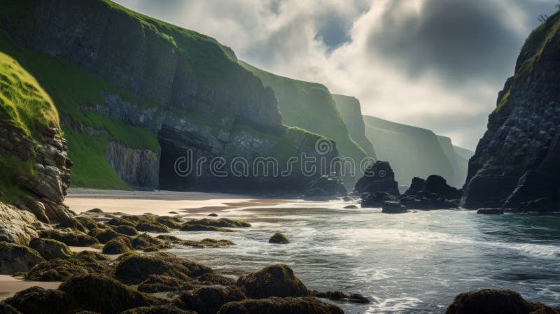 Towering Cliffs Embrace Secluded Coastal Cove Stock Illustration ...