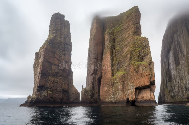 Towering Cliffs and Rock Formations on Island Stock Illustration ...