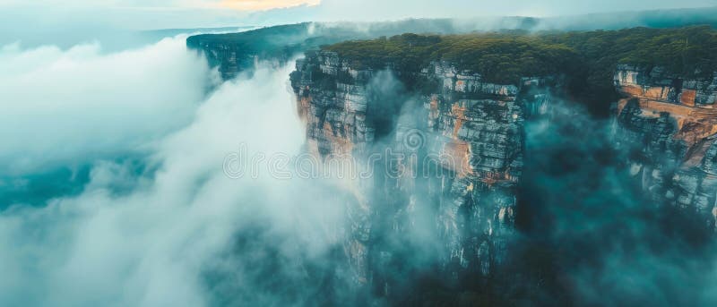 Towering Cliffs Shrouded in Mist Stock Illustration - Illustration of ...