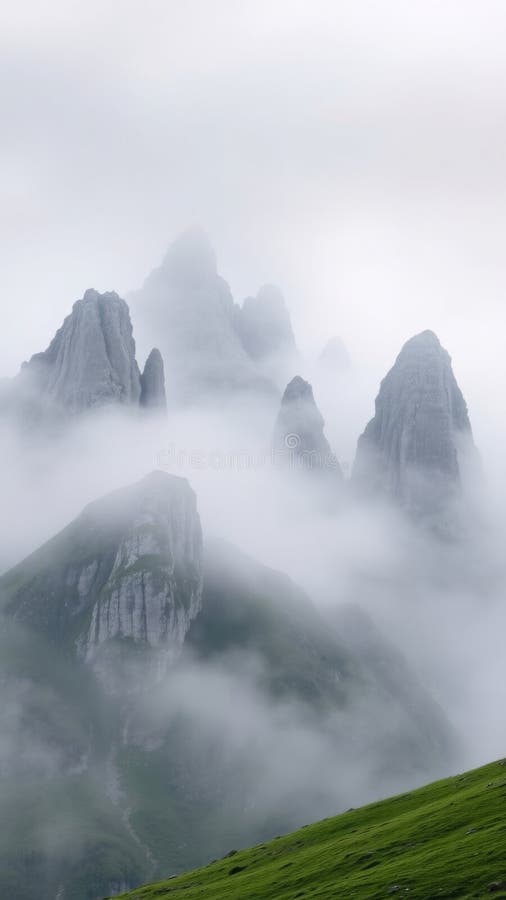 Towering Cliffs Shrouded in Mist Stock Illustration - Illustration of ...