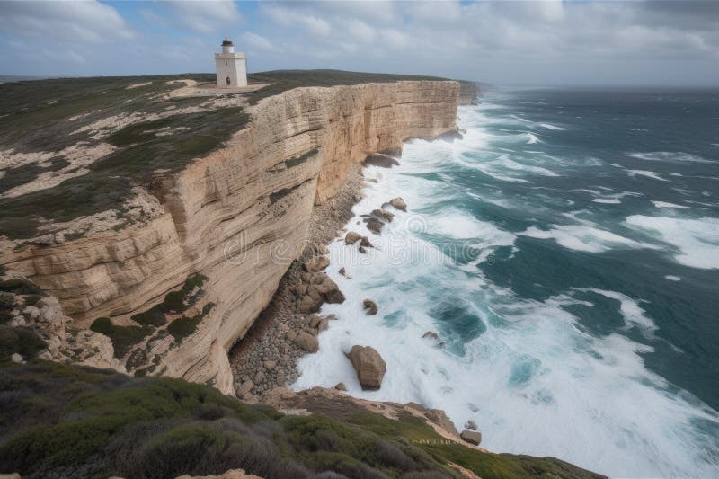 The Towering Cliffs, Surrounded by the Azure Sea, with Waves Crashing ...