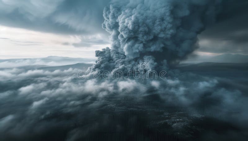 Massive Volcanic Eruption Spewing Ash and Smoke Over Distant Landscape ...