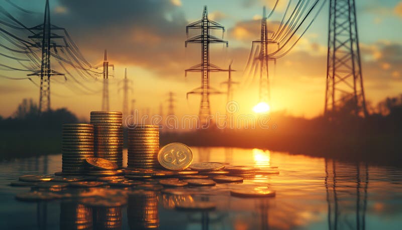 Towering Coin Stacks Against Sunset and Electrical Towers Stock Photo ...